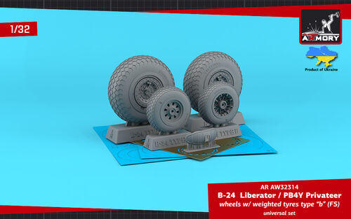 Armory Models Group AW32314 B-24 Liberator / PB4Y Privateer wheels w/ weighted tyres type "b" (FS), 2 types nose wheels, 3D-printed mudguard & PE hubcaps