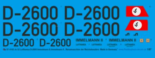 Peddinghaus-Decals 4142 Ju 52 Lufthansa D-2600 Immelmann & Immelmann II The Chancellor's travel machine