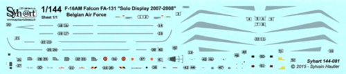 Syhart Decal 144-081 F-16AM Falcon FA-131 "Solo Display 2007-2008" Belgian AF