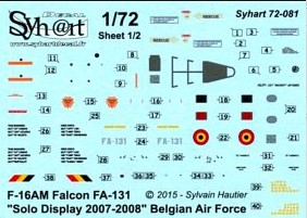 Syhart Decal 72-081 F-16AM Falcon FA-131 "Solo Display 2007-2008" Belgian AF