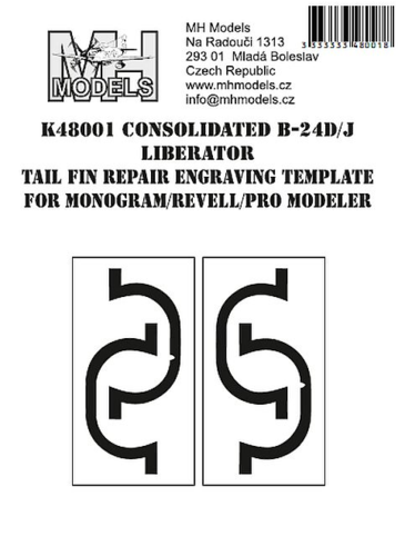 MH Models K48001 Consolidated B-24D/J Liberator Tail Fin repair engraving template for Monogram and Revell