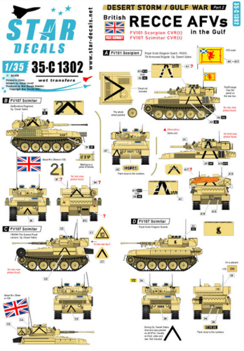 Star-Decals 35-C1302 Desert Storm 2. British Recce AFVs in the Gulf 1990-91. CVR(T) Scorpion and Scimitar.