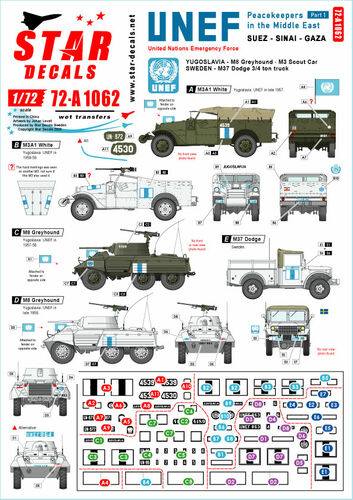 Star-Decals 72-A1062 Peacekeepers in the Middle East. UNEF in Suez, Sinai and Gaza. Yugoslavia and Swedish vehicles.