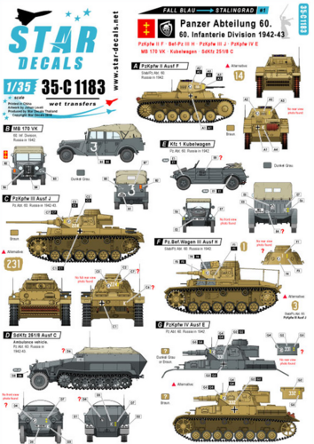 Star-Decals 35-C1183 Fall Blau and Stalingrad # 1. 60. Inf. Div. Pz II F, Pz III J, Pz IV E, MB 170 VK, SdKfz 251/8 C…