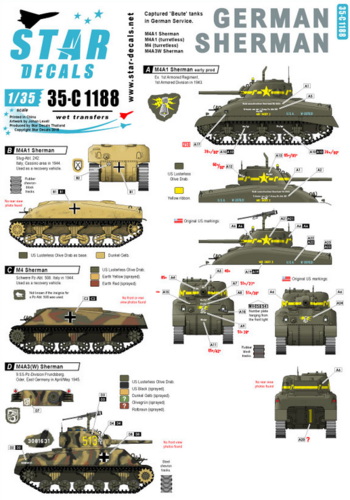 Star-Decals 35-C1188 German Sherman. Captured / Beute Shermans in German service. M4, M4A1 and M4A3(W).