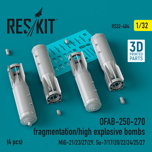 RES/KIT 32-0404 OFAB-250-270 Fragmentation/High Explosive Bombs (4pcs) (MiG-21/23/27/29, Su-7/17/20/22/24/25/27) (3D Printed)