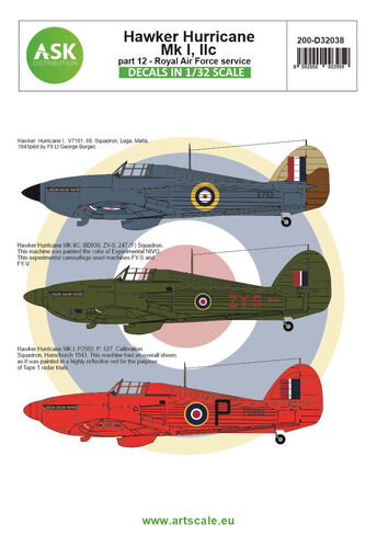 Art Scale Kit D32038 Hawker Hurricane Mk.I / Mk.IIc Part 12 - Royal Air Force Decals