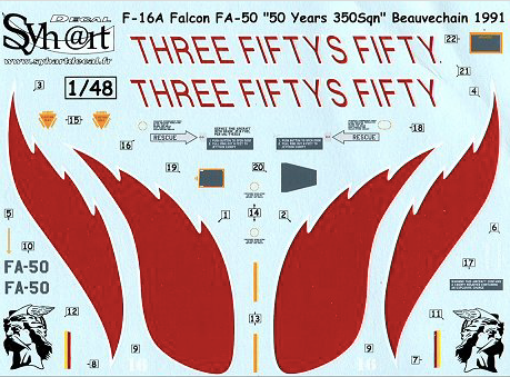 Syhart Decal 48-057 F-16A Falcon FA-50 'Three Fifty's Fifty" 50 Ans 350Sqn 1992