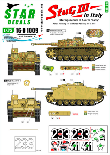 Star-Decals 16-D1009 StuG III in Italy # 1. Panzer Abteilung 103 and Panzer Abteilung 115 in 1943.