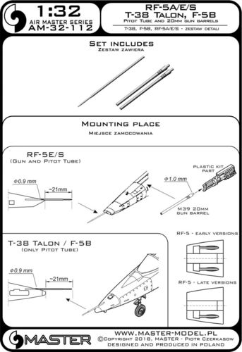 Master AM-32-112 T-38 Talon / F-5B / RF-5A, E, S - Pitot Tube and 20mm gun barrels