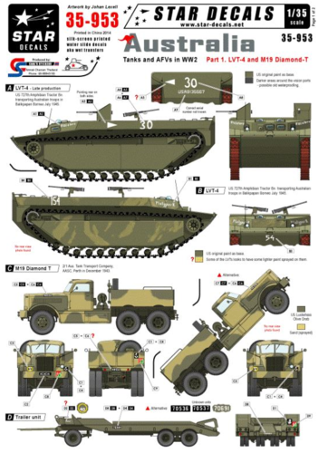 Star-Decals 35-953 Australian Tanks and AFVs # 1. LVT-4 & M19 Diamond Tank transp.