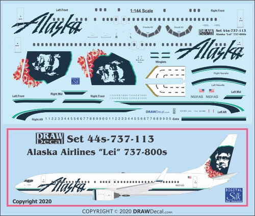 Draw Decal 44-737-113 Boeing 737-800 - Alaska Airlines Eskimo with Lei (ETOPS)