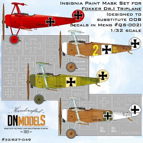 DN Models 32-827-049 Insignia Paint Mask Set For Fokker Dr.I Triplane - Designed For MENG Kits