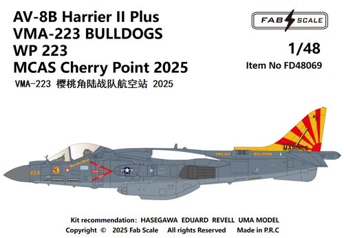 Fab Scale FD48069 McDonnell Douglas AV-8 B Harrier II Plus - VMA-223 BULLDOGS WP223 MCAS Cherry Point (2025)