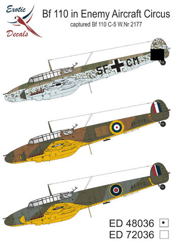 Exotic Decals 48036 Messerschmitt Bf-110 in Enemy Aircraft Circus - Captured Bf 110 C-5 W.Nr 2177