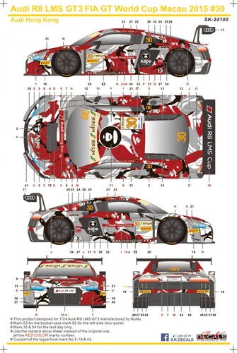SK Decals 24100 Audi R8 LMS FIA GT World Cup Macau 15 Audi Hong Kong - Decals Set (for NuNu Kits)