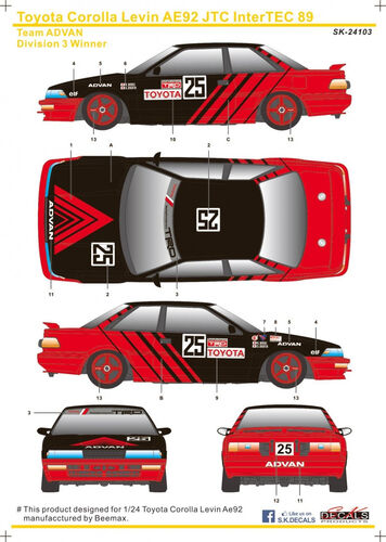 SK Decals 24103 Toyota Corolla Levin AE92 GR.A JTC 89 Team Advan (for Beemax Kits)