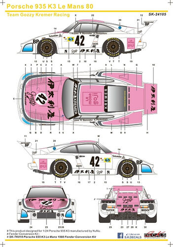 SK Decals 24105 Porsche 935 K3 Le Mans 80 Team Gozzy Kremer Racing - Decals Set (for NuNu Kits)