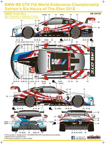 SK Decals 24123 BMW M8 GTE FIA World Endurance Championship Sahlens Six Hours of The Glen 2018 - Decals Set (for NuNu Kits)