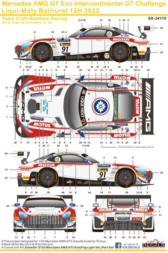 SK Decals 24170 Mercedes AMG GT Evo Intercontinental GT Challenge Liqui-Moly Bathurst 12h 2022 Team Craft-Bamboo RAC - Decals Set (for Tamiya Kits)