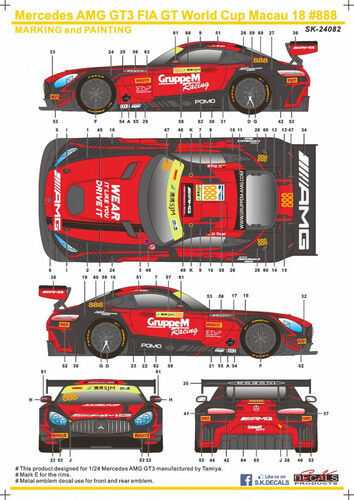 SK Decals 24082 Mercedes AMG GT3 FIA GT World Cup Macau - Decals Set (for Tamiya Kits)