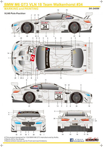 SK Decals 24086 BMW M6 GT3 VLN 18 Team Walkenhorst - Decals Set (for NuNu Kits)