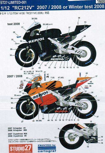 Studio 27 WF2008-05 Honda RC212V - 2007/2008 or Winter Test 2008 (for Tamiya 14106 Kit)