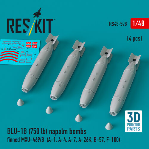 RES/KIT 48-0598 BLU-1B (750 lb) Napalm Bombs finned MXU-469/B (4 pcs / 3D Printed)