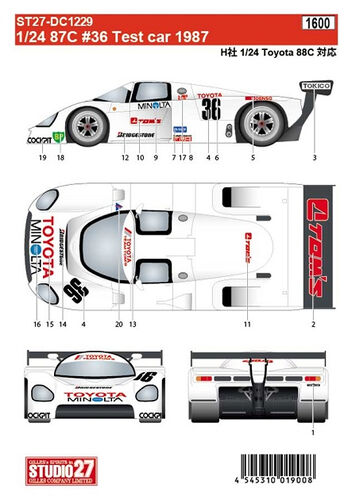 Studio 27 DC1229 Toyota 87C - Test Car 1987 Decals Set (for Hasegawa Kits)