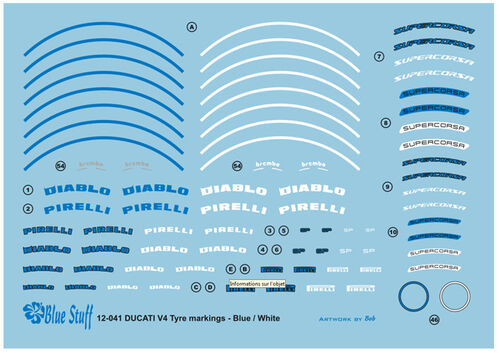 Blue Stuff 12-041 Ducat V4 Tyre Markings Blue / White Decals (for Tamiya 14140 Kit)
