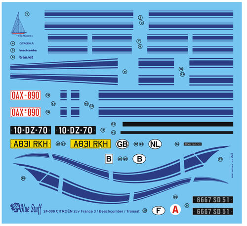 Blue Stuff 24-006 Citroen 2CV France 3 - Transat / Beachcomber Decals (for Tamiya 24164 / 89654 Kits)