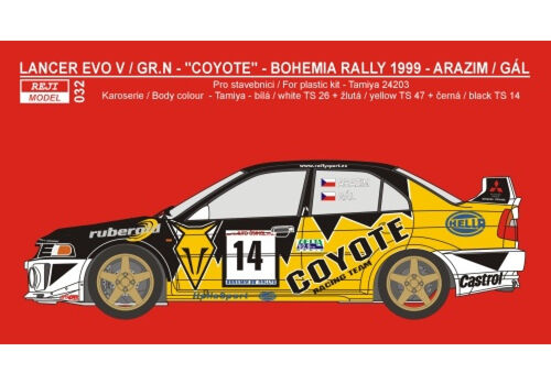 Rejimodel 032 Mitsubishi Lancer Evo V / GR.N - Coyote Bohemia Rally 1999 Arazim / Gal (for Tamiya Kits)