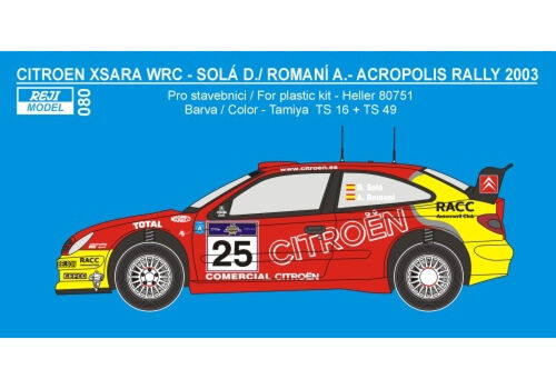 Rejimodel 080 Citroen Xsara WRC - Rally Acropolis 2003 Sola / Romani (for Heller Kits)