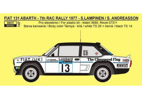 Rejimodel 147 Fiat 131 Abarth - „FIAT UK“ 7th place RAC Rally 1977 (for Italeri and Revell Kits)