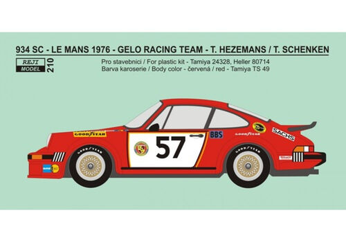Rejimodel 210 Porsche 934 - 1976 LeMans #57 GELO Racing Team (for Tamiya and Heller Kits)