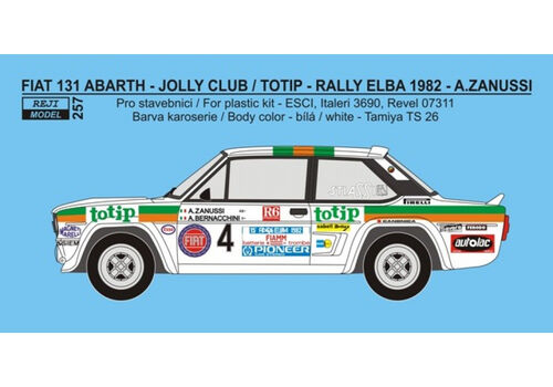 Rejimodel 257 Fiat 131 Abarth "Totip" - Rally Elba / R.A.C.E. Rally 1982 - Zanussi / Bernacchini (for ESCI / Italeri and Revell Kits)