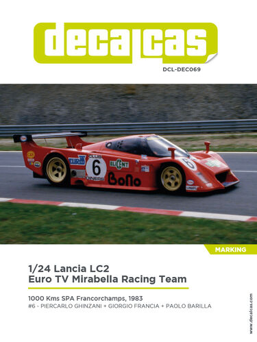 Decalcas DEC069 Lancia LC2 Team Euro TV Mirabella Racing sponsored by Elicent Euro Bono 1983 (for Italeri Kits)