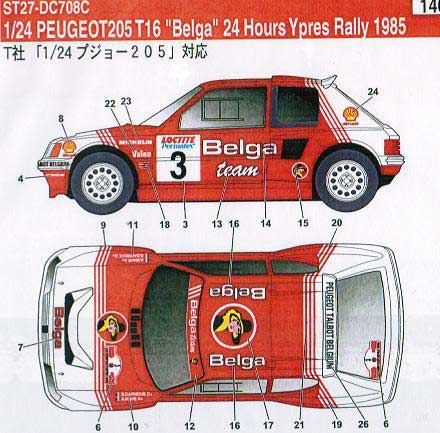 Studio 27 DC0708C Peugeot 205 T16 - Belga 24 Hours Ypres Rally 1985 Decals Set