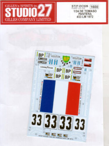 Studio 27 DC0926 De Tomaso Pantera - LM 1972 No.33 Decals Set (for Fujimi Kits)