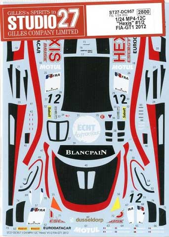 Studio 27 DC0957 McLaren MP4/12C - Hexis FIA GT1 2012 Decals Set