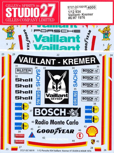 Studio 27 DC1001R Porsche 934 - Vaillant Kremer 1976 Decals Set (for Tamiya Kits)