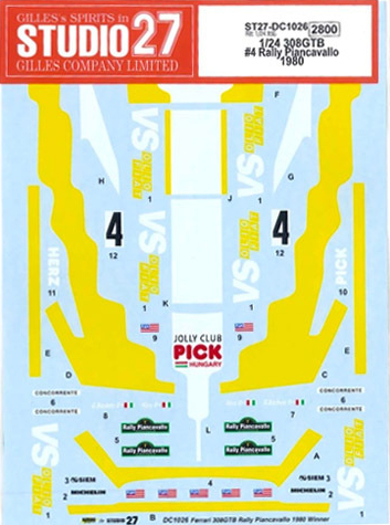 Studio 27 DC1026 Ferrari 308 GTB - Rally Piancavallo 1980 Decals Set (for Revell Kits)