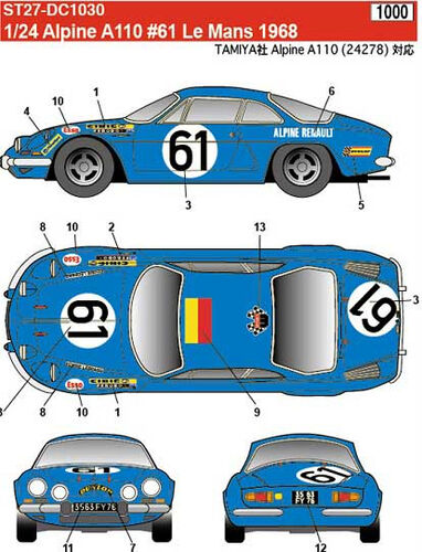 Studio 27 DC1030 Renault Alpine A110 - Le Mans 1968 Decals Set (for Tamiya Kits)