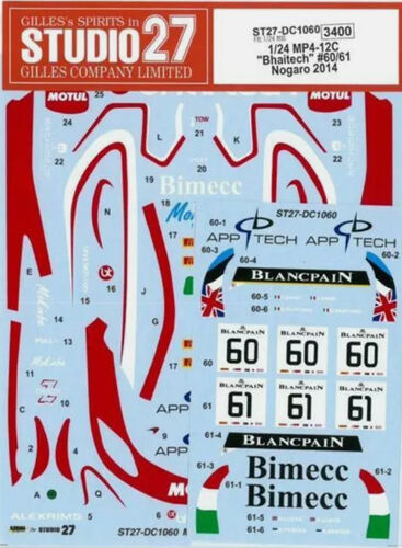 Studio 27 DC1060 McLaren MP4/12C - Bhaitech No.60 / 61 Nogaro 2014 Decals Set (for Fujimi Kits)