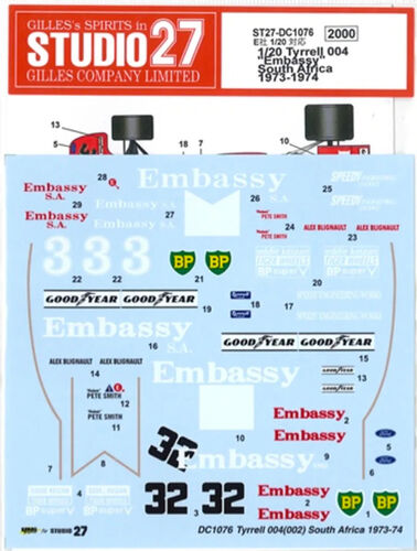 Studio 27 DC1076 Tyrrell 004 - Embassy South Africa 1973/1974 Decals Set (for Ebbro Kits)