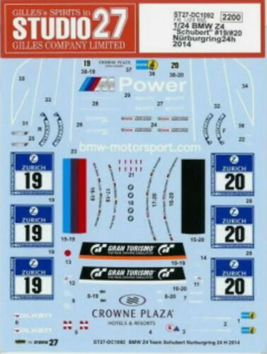 Studio 27 DC1092 BMW Z4 GT3 - Schubert No.19/20 Nurburgring 24h 2014 Decals Set (for Fujimi Kits)