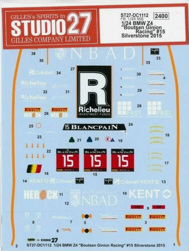 Studio 27 DC1112 BMW Z4 GT3 - Boutsen Ginion No.15 Silverstone 2015 Decals Set (for Fujimi Kits)
