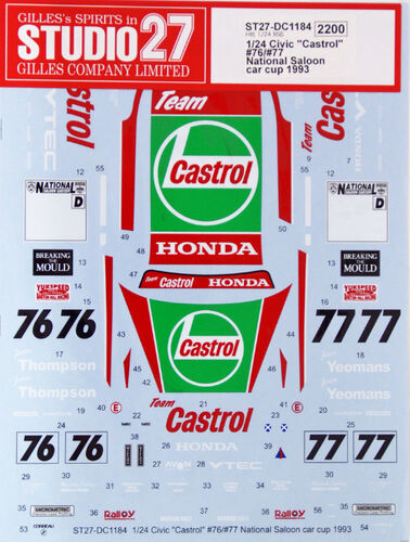 Studio 27 DC1184 Honda Civic EG6 - Castrol No.76 / 77 National Saloon Car Cup 1993 Decals Set (for Hasegawa Kits)