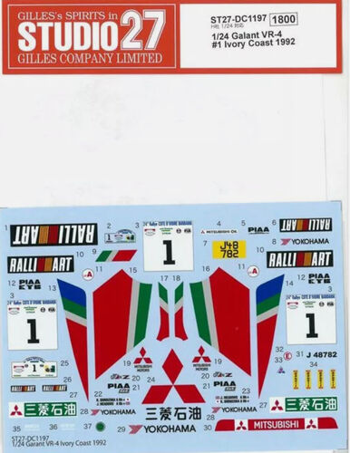 Studio 27 DC1197 Mitsubishi Galant VR-4 - No.1 Ivory Coast 1992 Decals Set (for Hasegawa Kits)