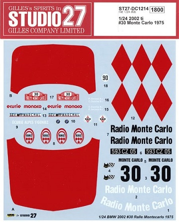 Studio 27 DC1214 BMW 2002 TII - No.30 Monte Carlo 1975 Decals Set (for Hasegawa Kits)
